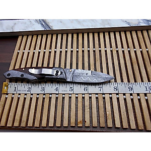 8" Long Folding Knife with Pocket Clip, Hand Forged Damascus Steel 3.5" Blade. Rose Wood Scale with Damascus Bolster, Cow Hide Leather Sheath Included with Belt Loop (Walnut Wood)