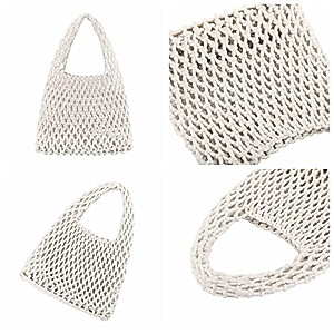 Ayliss Women Mini Clutch Handbag Tote Cotton Crochet Bucket Top-handle Drawstring Beach Woven Fishing Net Pouch Purse (Ivory)
