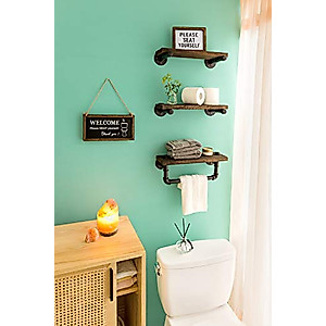 Mkono Floating Shelves with Industrial Pipe Brackets and Towel Bar, Set of 3 Rustic Bathroom Shelf Wall Mounted Shelves Wood Storage Shelving Home Decor for Bedroom Kitchen Living Room