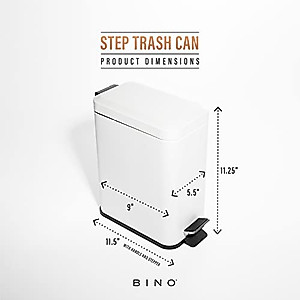 BINO | Rectangular Step Trash Can | 1.3 Gallon/5 Liter Stainless Steel Garbage Can with Lid, Non-Slip Stepper for Home Office Bathroom Kitchen | Matte White