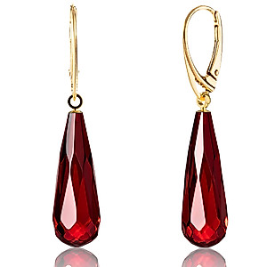 Amber by Mazukna - Red Amber Drop Earrings for Women - Statement Gemstone Jewelry, Gold Plated Sterling Silver Leverback, Dangle Semi Precious Stone Ladies Earrings, Elegant Gift for Her