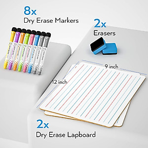 Nicpro Dry Erase Lap Board 9 x 12 inches 2 Pack Ruled Kid Double Sided Blank & Lined Small Lapboard with 8 Pens, 2 Eraser, Learning Mini Whiteboard Portable for Student and Classroom Use