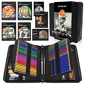 124 PCS Drawing Kit, Shuttle Art Professional Drawing Supplies with Sketch, Charcoal, Colored, Graphite, Pastel Pencils & Sticks, Complete Drawing Tools and Paper Pads in Zipper Case for Artists& Kids
