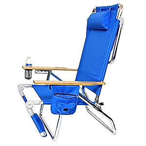Deluxe 5 pos Lay Flat High Aluminum Beach Chair Lounge Chaise with Foot Rest, Large Storage, Waterproof Cell Pouch