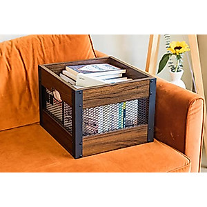 CRAZYWOOD Vinyl Record Storage Case, Wooden LP Record Storage Case, Magazine and Newspaper Storage Basket 13.6"(L)*14.3"(W)*10.6"(H) Inches Wooden Storage Basket