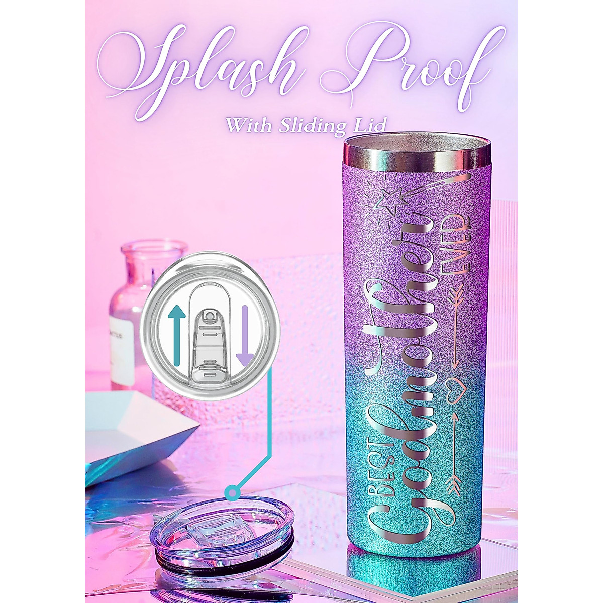Onebttl Godmother Gifts, Mothers Day Gifts for Godmother, 20 oz Skinny Stainless Steel Tumbler Travel Mug for Best Friend, Aunt, Sister, Best Godmother Ever Glitter Blue Purple