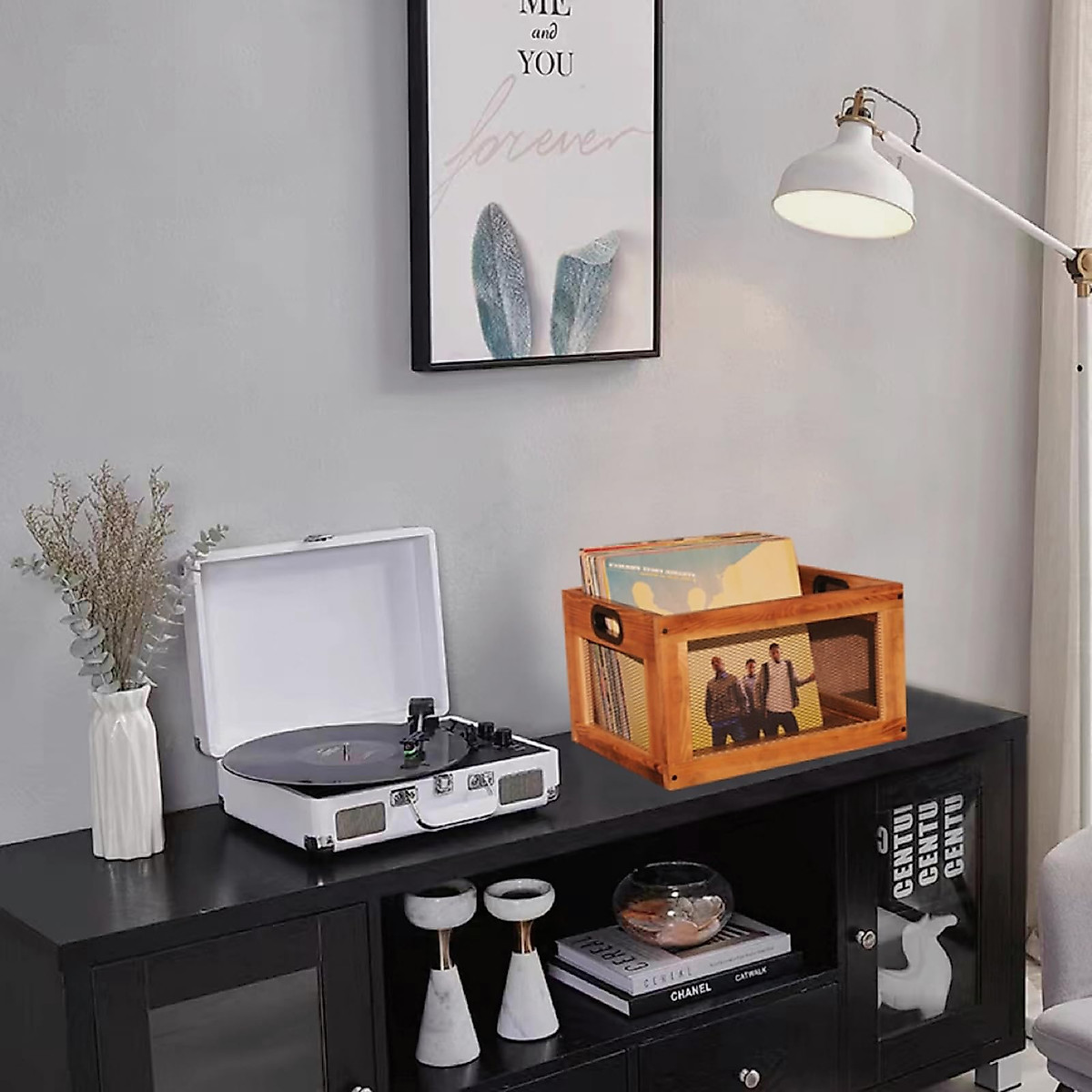 AMMKARE Vinyl Record Storage Crate Wooden Record Holder, Wooden LP Record Storage Box Album Shelf Vinyl Record Storage Cube Record Record Organizer Box Storage