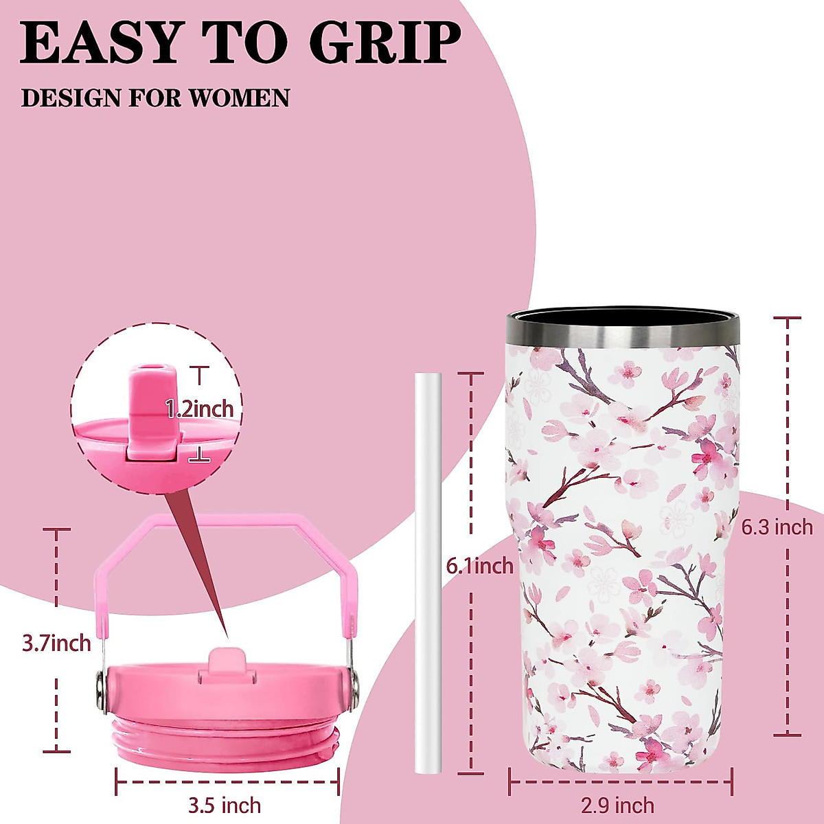 Hachishun 20 oz Cherry Blossom Tumbler with Handle Tumblers with Flip Straw and Top Handle Stainless Steel Coffee Mug Cherry Blossom Cup