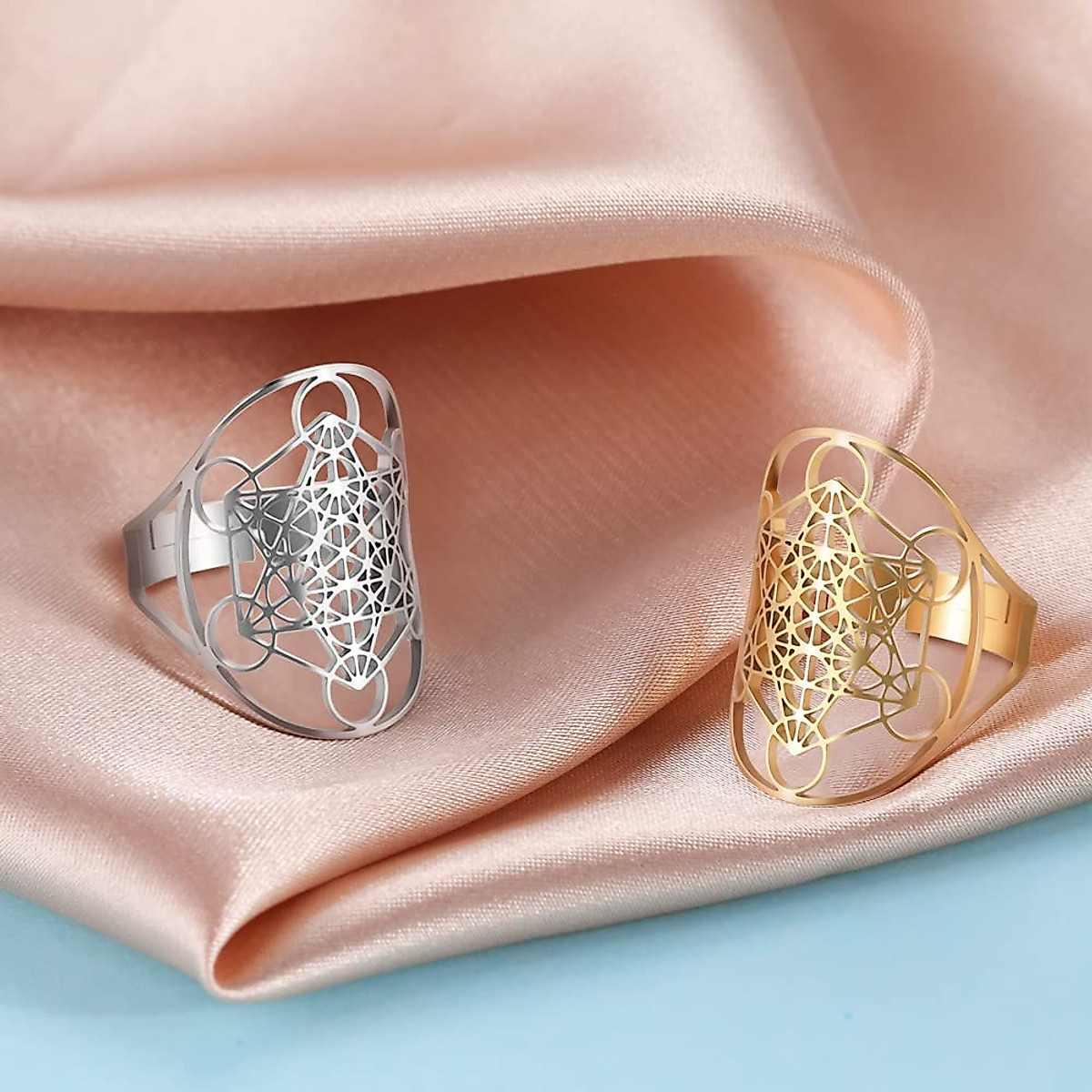 Amaxer Metatron's Cube Ring Archangel Metatron Protection Statement Hollowed Out Womens Stainless Steel Open Band Ring Jewelry