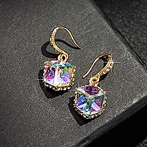 Austrian Crystal Cube Drop Dangle Earrings for Women 14K Gold Plated Hypoallergenic Jewelry (Aurora Borealis)