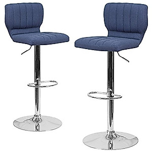 KLS Modern Barstools Adjustable Hydraulic 360 Degree Swivel Stable Steel Frame Fabric Padded Cushion Low Back Seat Design Dining Chair Pub Stool - Set of 2 Blue # 1969