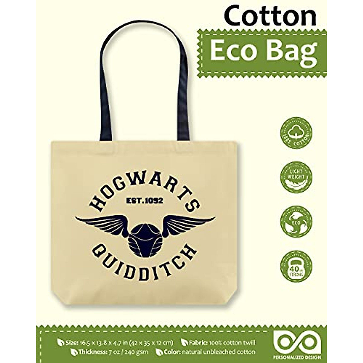 Personalized.Design Tote Bag ''Quidditch - Hogwarts. Est.1092'' - Harry Potter Cotton Canvas Organic Shoulder Craft Bag - Christmas Gifts Purse, Beige (ECBG-007)