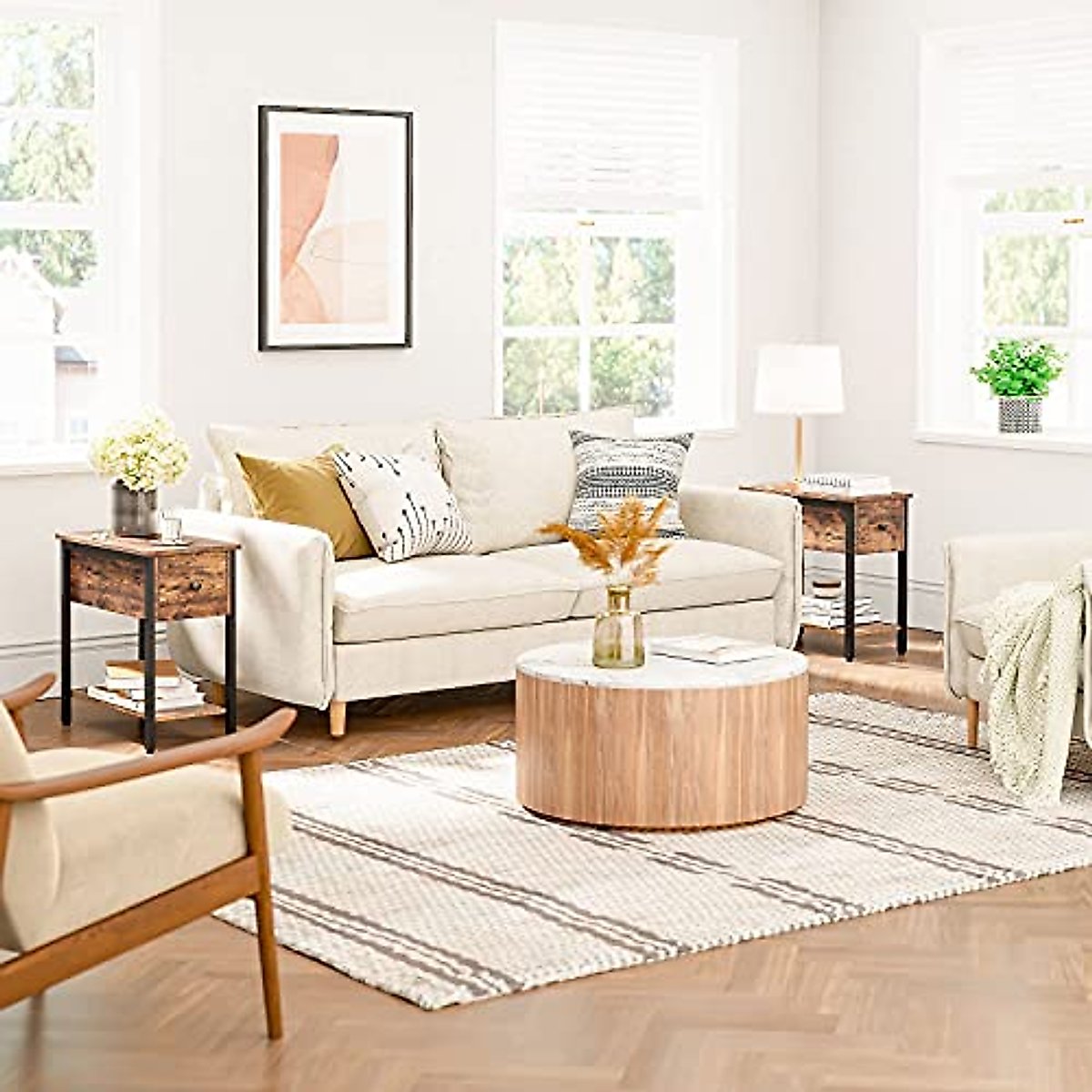 HOOBRO Side Table, 2-Tier Nightstand with Drawer, Narrow End Table for Small Spaces, Stable and Sturdy Construction, Wood Look Accent Furniture with Metal Frame, Rustic Brown and Black BF04BZ01