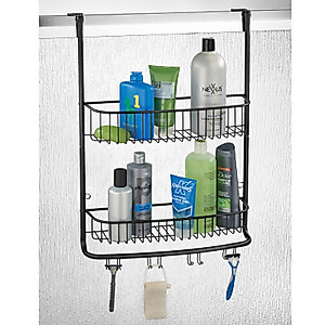 mDesign Extra Wide Stainless Steel Bath/Shower Over Door Caddy, Hanging Storage Organizer 2-Tier Rack with Hook and Basket, Holder for Soap, Shampoo, Loofah, Body Wash, Omni Collection, Black