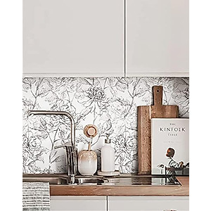 JiffDiff Black and White Floral Wallpaper 17.3" x 394" Peonies Removable Peel and Stick Floral Wallpaper Sketched Floral Self-Adhesive Prepasted Wallpaper Wall Decor (Sketched Floral)