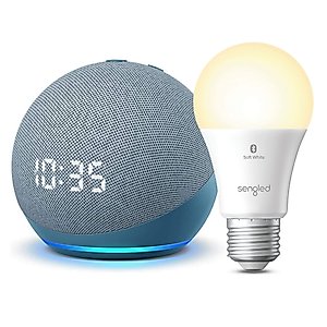 Echo Dot (4th Gen) with Clock | Twilight Blue with Sengled Bluetooth bulb | Alexa smart home starter kit
