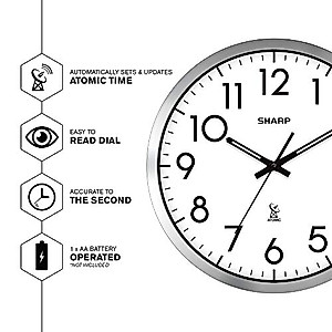 SHARP Atomic Analog Wall Clock - 12" Silver Brushed Finish Sets Automatically- Battery Operated Easy to Read Use: Simple, Style fits Any Decor