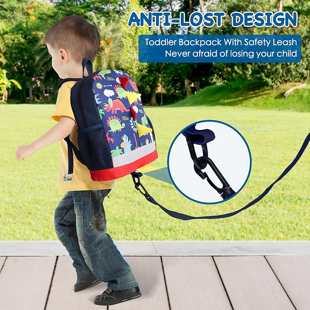 HWJIANFENG Kid Backpack Dinosaur Backpack Toddler Boy School Bag with Safety Rope Kindergarten Daycare Book Bag