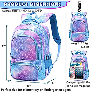 BLUEFAIRY Girls Backpack for Kids Elementary School Bags Primary School Cute Book Bags Child Mermaid Gifts Mochila para Niñas 4-6 6-8 8-10 Years old 17Inch (Blue)