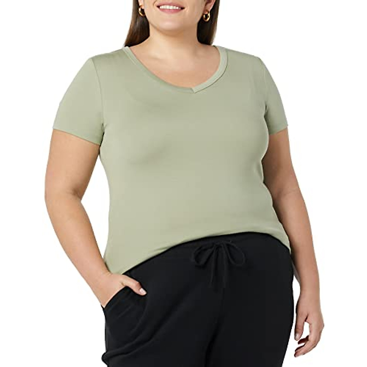 Amazon Essentials Women's Slim-Fit Short-Sleeve V-Neck T-Shirt, Pack of 2, Black/Sage Green, Medium