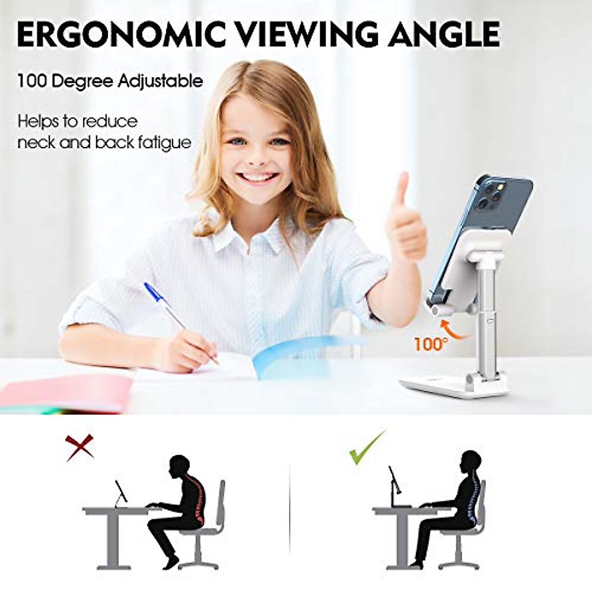 Cell Phone Stand, Licheers Foldable Phone Holder, Angle Height Adjustable Phone Stand for Desk, Compatible with iPhone 13/12/11 Pro Max, Samsung Galaxy S10/9/8/7 S21 Ultra (White-LC352)