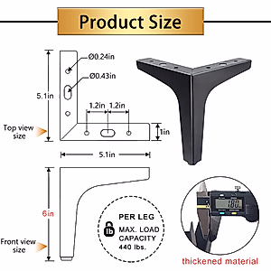 GOSCHE Metal Furniture Legs Set of 4, Matte Black Sofa Legs 6 inch, Modern Style Replacement feet for Couch Dresser Chair Bed Table Cabinet Ottoman Cupboard DIY Replacement Parts