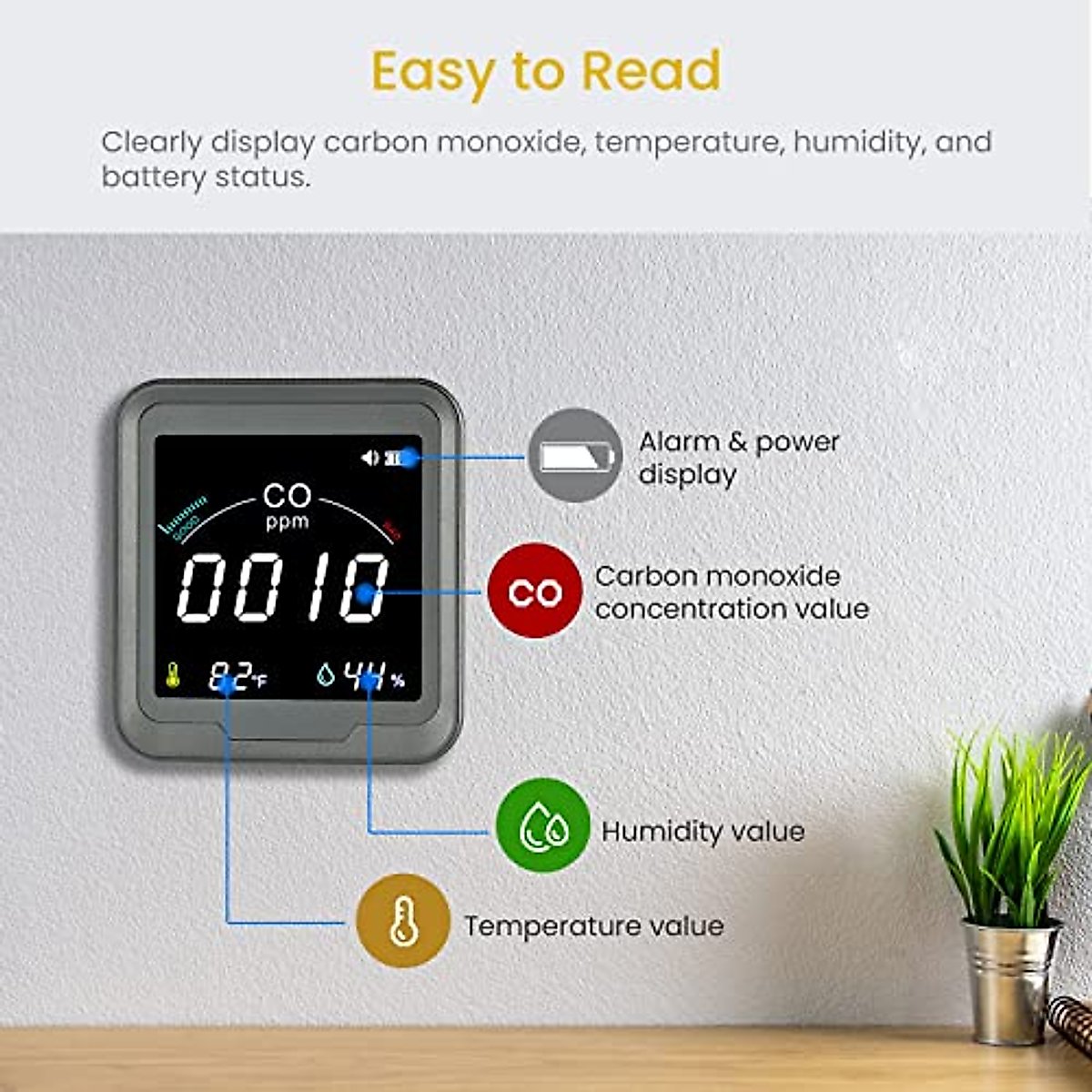 LSENLTY Carbon Monoxide Detector, High Accuracy CO Detector with Digital LCD Display, 3-in-1 Air Quality Monitor(CO, Temperature and Humidity Sensor), CO Alarm Detector for Home Kitchen Travel