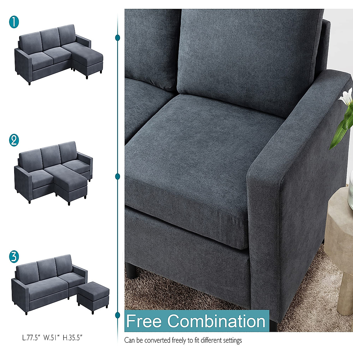 SUNLEI 79'' Convertible Sectional Sofa, L Shaped Couch Reversible Chaise Modern Linen Fabric for Small Space(Dark Grey)