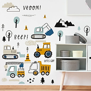 Mulaibdin 37 pcs Cartoon Bulldozer Digger Wall Stickers, Adorable Baby Boys Room Decor, Hand-Painted Style Crane Truck Wall Decals for Bedroom Nursery, Construction Wall Murals Peel and Stick (37PCS)