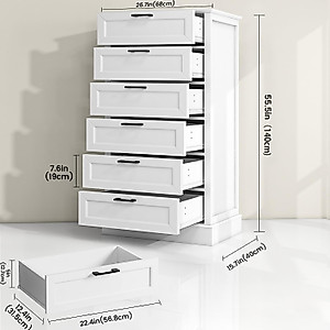 White 6 Drawer Dresser, 55 Inch Tall White Dresser for Bedroom, Modern Farmhouse Style Chest of Drawers for Bedroom Living Room, Wood Rustic Tall Dresser, Organizer for Closet, Living Room, Hallway