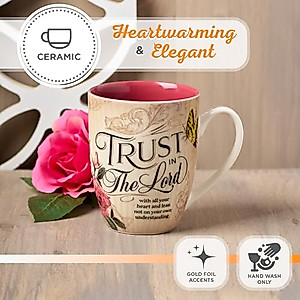 Christian Art Gifts Ceramic Scripture Coffee & Tea Mug for Women, 12 oz Inspirational Bible Verse - Trust in the Lord - Proverbs 3:5 w/Gold Accents, Rose Floral Cute Butterfly, Pink/Tan
