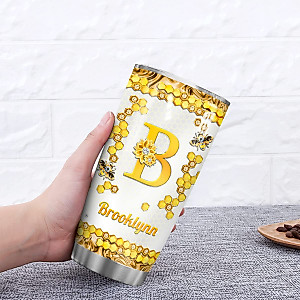 Wassmin Bee Gifts Personalized Bee Tumbler Custom Initial Monogram Name Stainless Steel Insulated Tumblers Coffee Travel Mug 20oz 30oz Birthday Christmas Cup Gifts Stuff For Women Girls Lad Queen