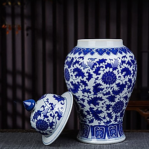 Chinese Blue &White Ginger Jar with Lid, Handmade Decorative Ceramic Temple Jar with Pattern, Storage Jar for Home Decoration Countertop Ornaments