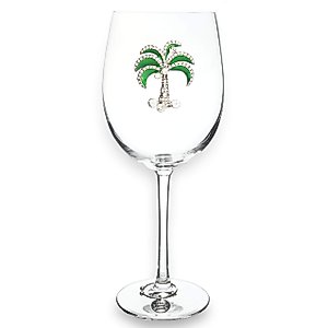 THE QUEENS' JEWELS Green Diamond Palm Tree Wine Glass (stemmed) - 21 oz. - Tropical Getaway with Rhinestone Glam - Hand-Decorated Glassware – Not Painted - Dazzling and Unique