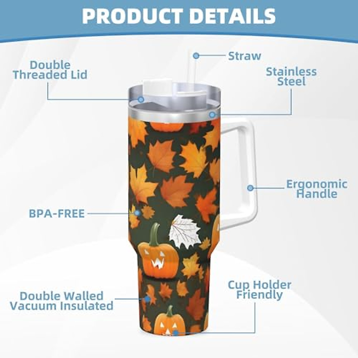 HULIBIN Happy Thanksgiving Day Pumpkin Print Double Deck Stainless Steel Travel Coffee Cup With Lid 40 Oz Ice Bully Cup
