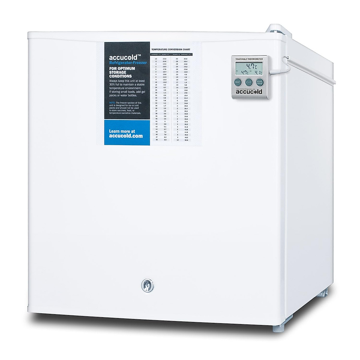 Summit Appliance S19LWHPLUS2 Compact Refrigerator-Freezer for General Purpose Use in White with NIST Calibrated Thermometer, Manual Defrost, Hospital Grade Cord and Front-Mounted Lock