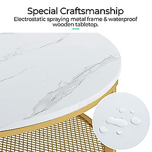LINSY HOME Round Coffee Table for Living Room, Modern Coffee Table with Open Storage，Wood Surface Top & Sturdy Metal Legs Large Circle Coffee Table for Stylish Design Home，White and Gold