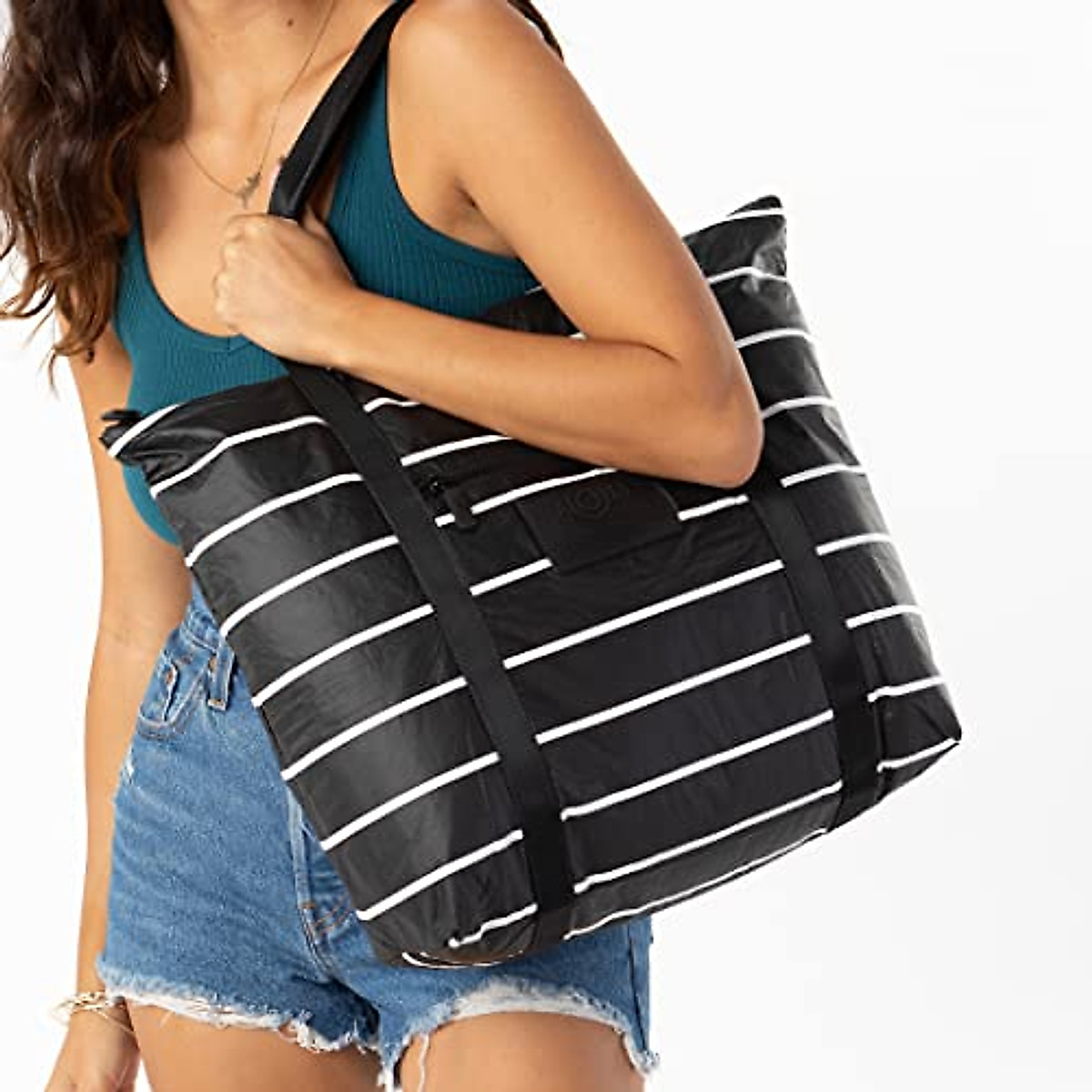 ALOHA Collection Pinstripe Zipper Tote in White on Black