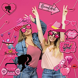 Kristin Paradise 25Pcs Hot Pink Photo Booth Props for Girls Women, Birthday Bachelorette Bridal Shower Theme Selfie Props, Princess Doll Party Supplies, Photography Backdrop Decorations