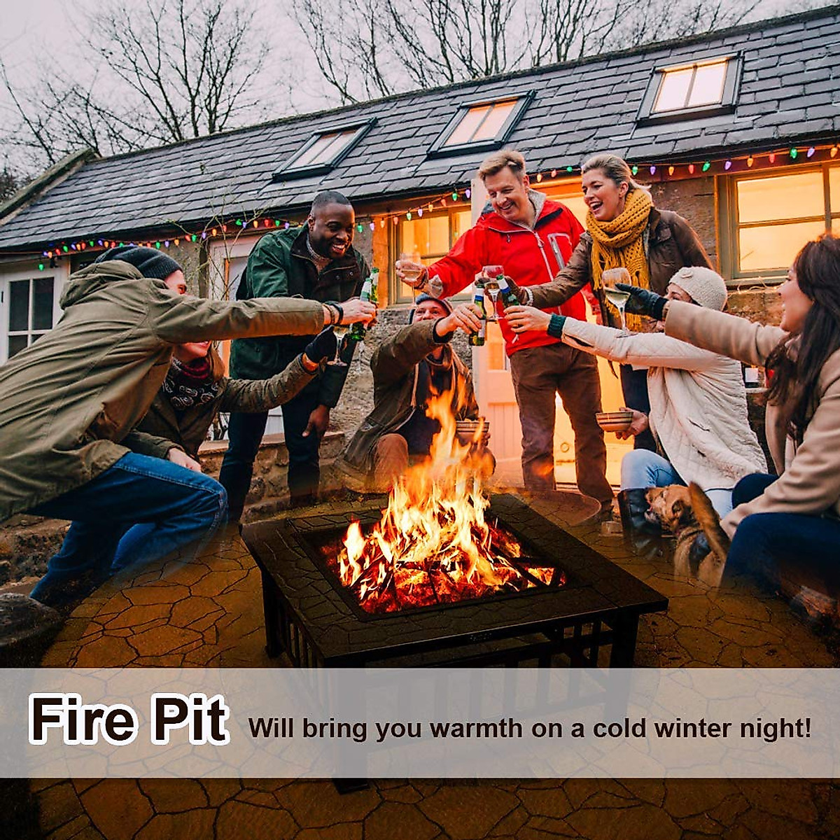 Fire Pit, 32” Outdoor Metal Fire Pit Table with Durable Steel Frame, Poker & Mesh Cover, Wood Burning Square Fireplace Backyard Patio Stove for Camping Picnic Bonfire BBQ, Black