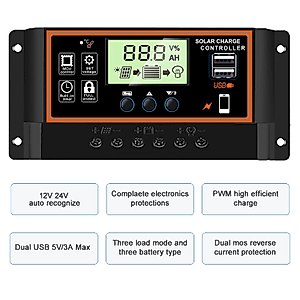 60A Solar Charge Controller,Solar Panel Charge Controller 12V 24V,Adjustable Parameter LCD Display Current / Capacity and Timer Setting ON/Off with 5V Dual USB,Auto Charge Regulator (Black)