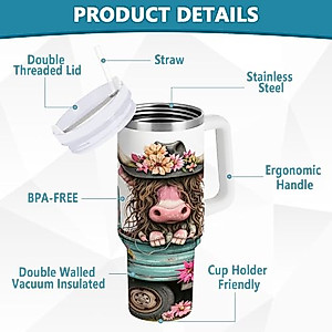 RPLIFE Beautiful Pink Highland Cow White Coffee Tumbler, Stainless Steel Coffee Cup, Insulated Coffee Mug with Lid, Tumblers for Women