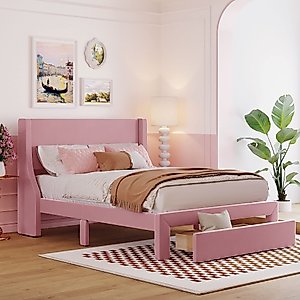 Anwickhomk Queen Size Fabric Upholstered Platform Bed Frame, Modern Upholstered Platform Bed with Headboard, with Big Storage Drawer,Heavy Duty Bed Frame with Wood Slat Support, Pink