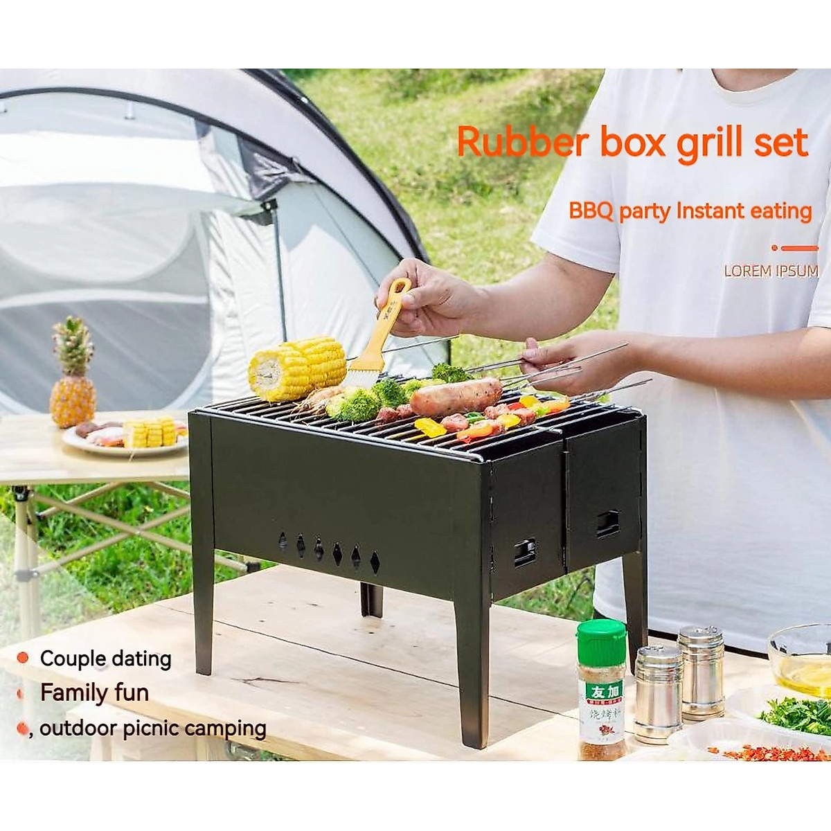 All-in-One Portable Folding BBQ Grill Set for Family Picnic - Food-Grade Material, Thickened Grill Net, Large Carbon Tank Capacity