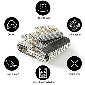 PANGUSHAN 100% Cotton Quilt Set Queen Size, Patchwork Queen Quilt Bedding Set Bedspreads, Farmhouse Lightweight Comforter Reversible Quilt, White/Brown/Grey Bed Spread for All Season, 3 Pieces