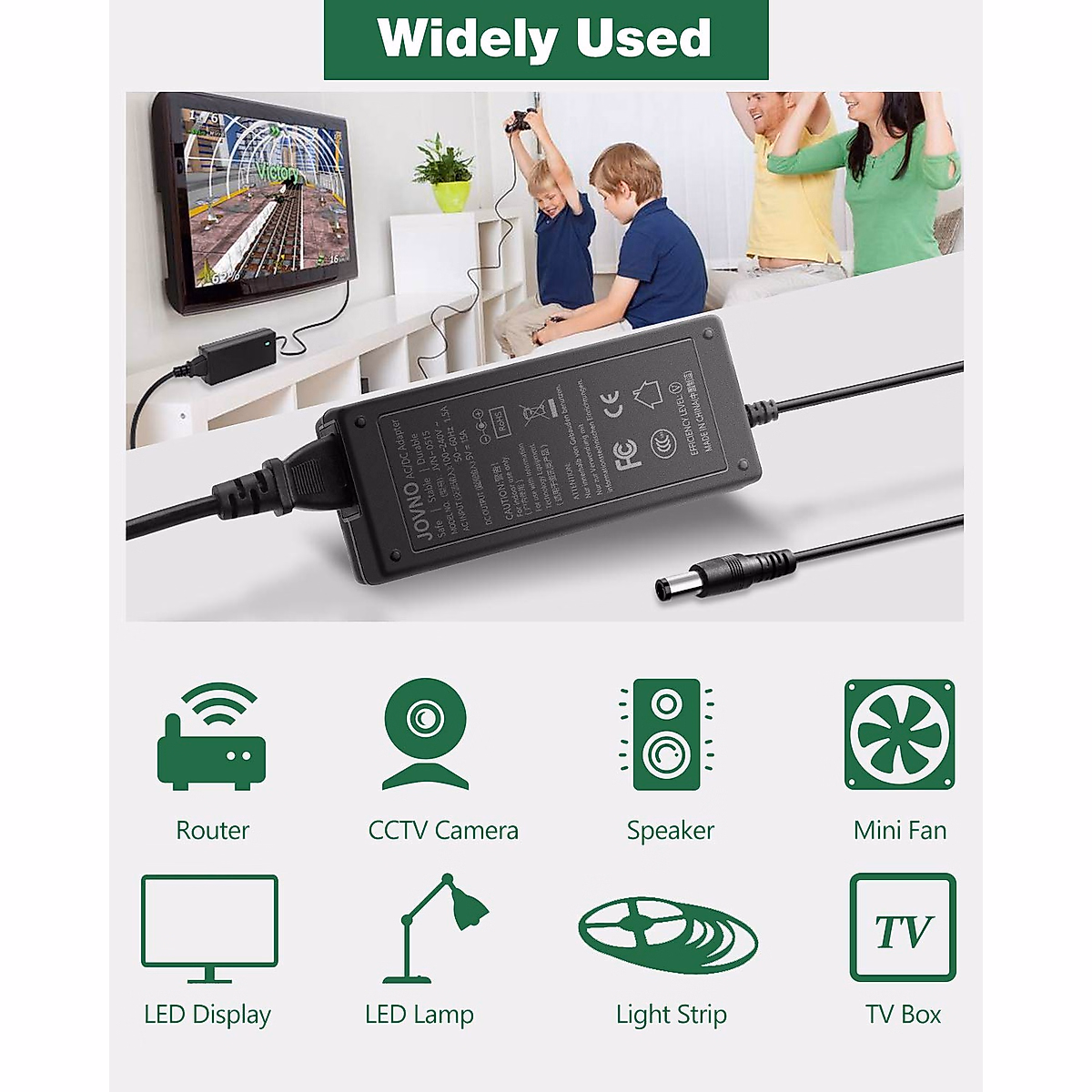JOVNO 5V 15A Adapter, 100-240V AC to DC 5 Volt 15 Amp 75W Power Supply, 12A 10A 9A 8A Converter RGB LEDs Driver 5.5x2.5mm Tip 7.5ft Cord for Christmas Lights WS2812B WS2811 WS2813 SK6812 LED Strips