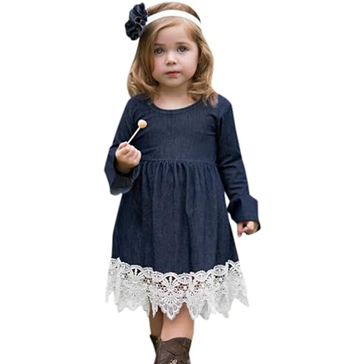itkidboy Toddler Baby Girl Clothes Long Sleeve Dress Ruffle Denim Skirt Lace Hem Princess Party Dress Outfits Set 2-3T Blue
