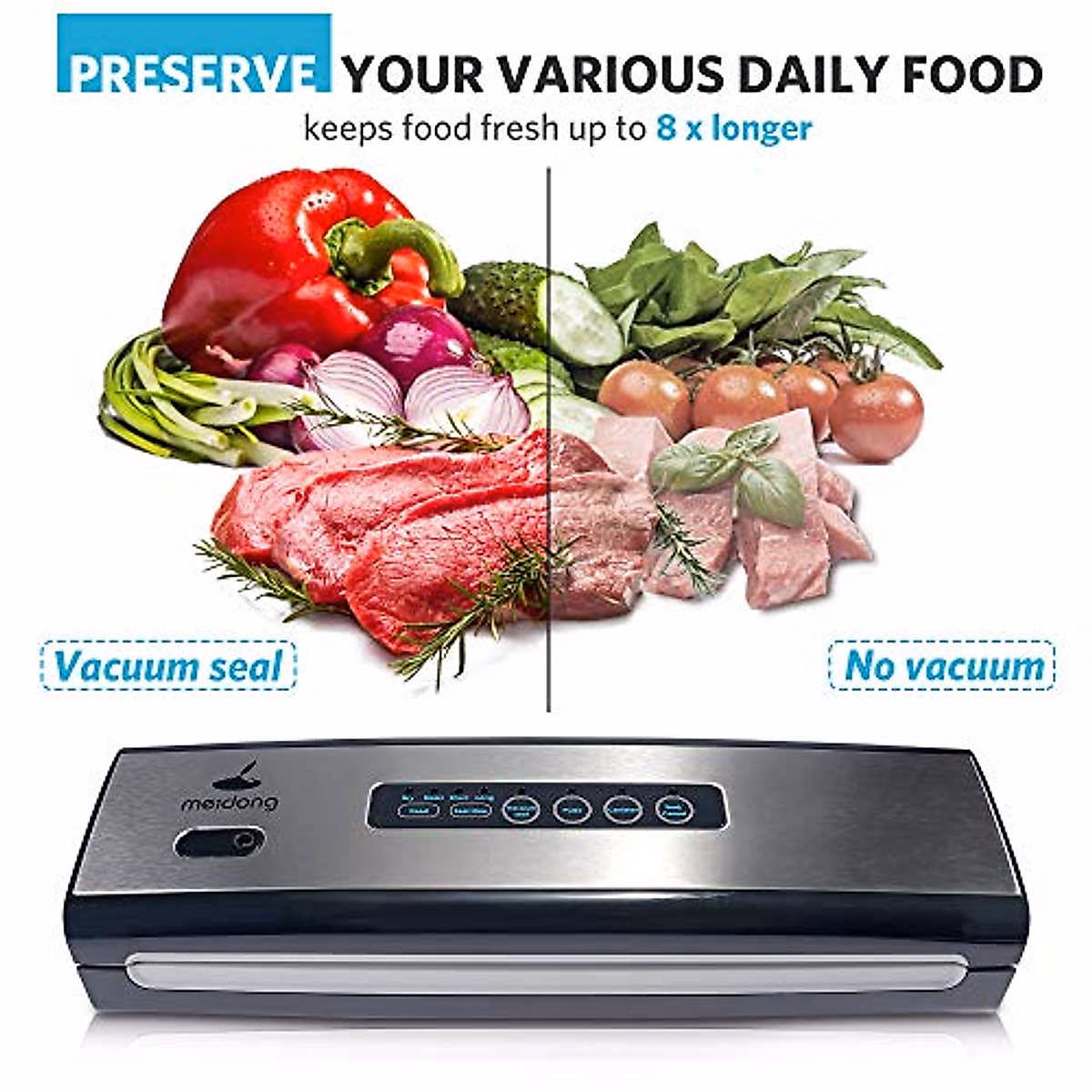 Vacuum Sealer Machine, meidong Food Vacuum Sealer Machine Built in Air Sealing System, Automatic For Food Preservation Storage With Dry & Moist Modes, LED Indicator, Easy to Clean, Compact Design
