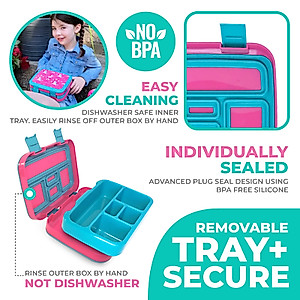 Bento Lunch Box with Insulated Bag, Water Bottle Ice Pack Set for Kids Toddlers, 5 Portion Sections, BPA Free Removable Tray, Pre-School Kid Toddler Daycare Lunches, Snack Container, Pink Unicorn