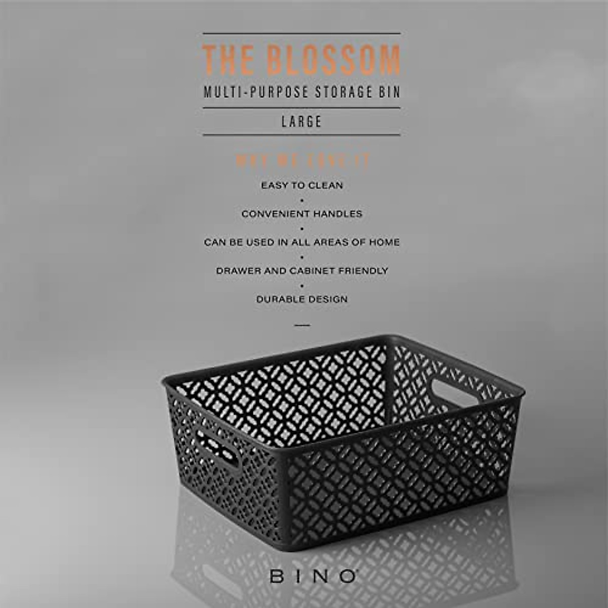 BINO l Plastic Storage Bins, Large - Black l THE BLOSSOM COLLECTION l Multi-Use Organizer Bin l Built-in Handles l Plastic Woven Basket for Organizing l Pantry Storage Basket l Home Organizing Basket